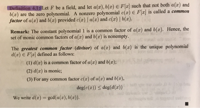 Solved 4.16: Let F be a field, and let f(x), g(x),h(z) E | Chegg.com