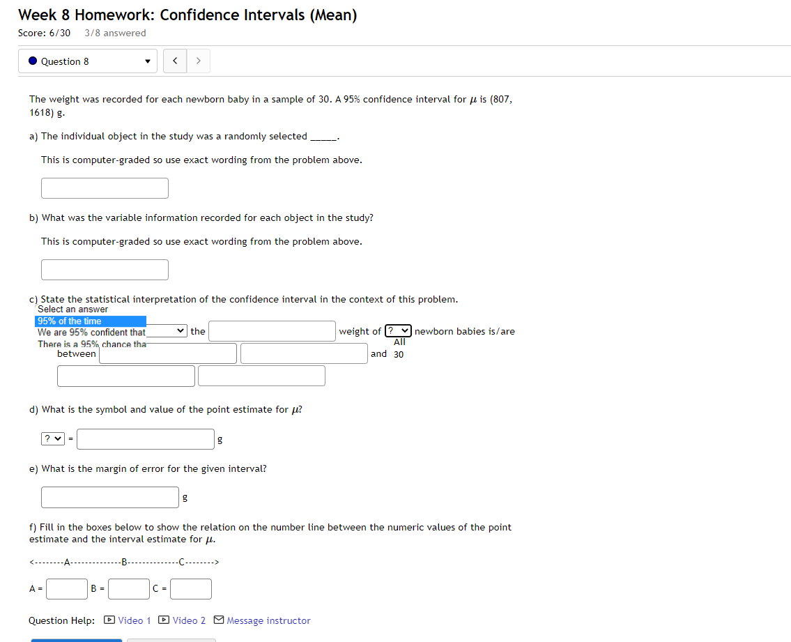 Solved Week 8 Homework: Confidence Intervals (Mean) Score: | Chegg.com