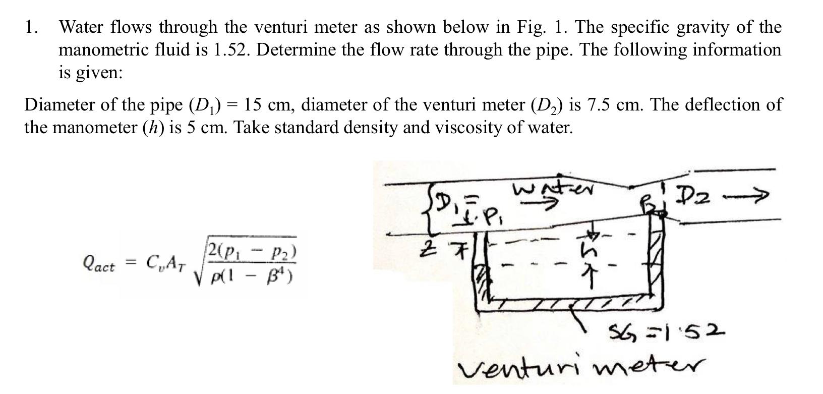 Solved 1. Water flows through the venturi meter as shown | Chegg.com
