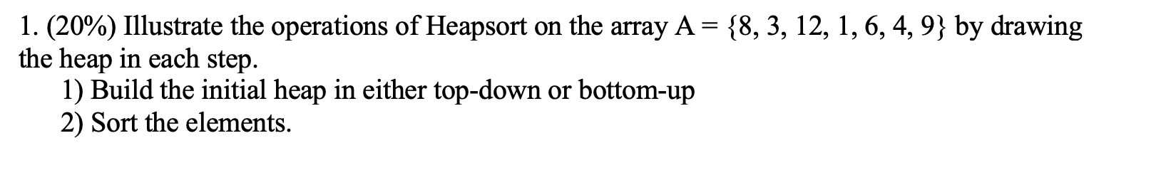 Solved 1. (20%) Illustrate the operations of Heapsort on the | Chegg.com