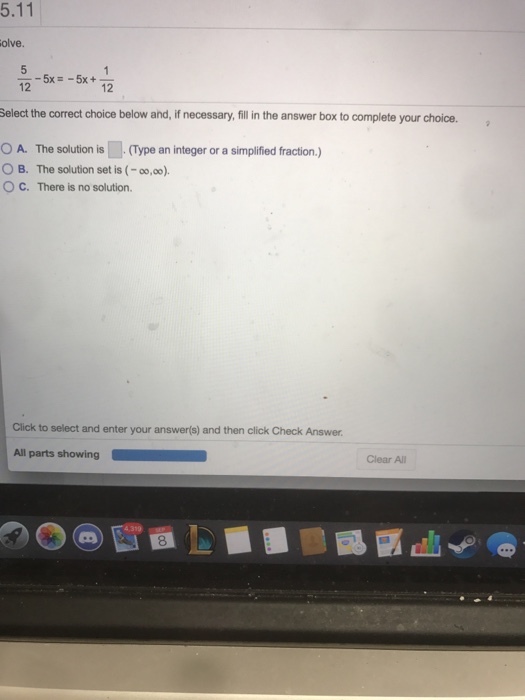 Solved Solve 5/12 - 5x = -5x + 1/2 Select the correct | Chegg.com