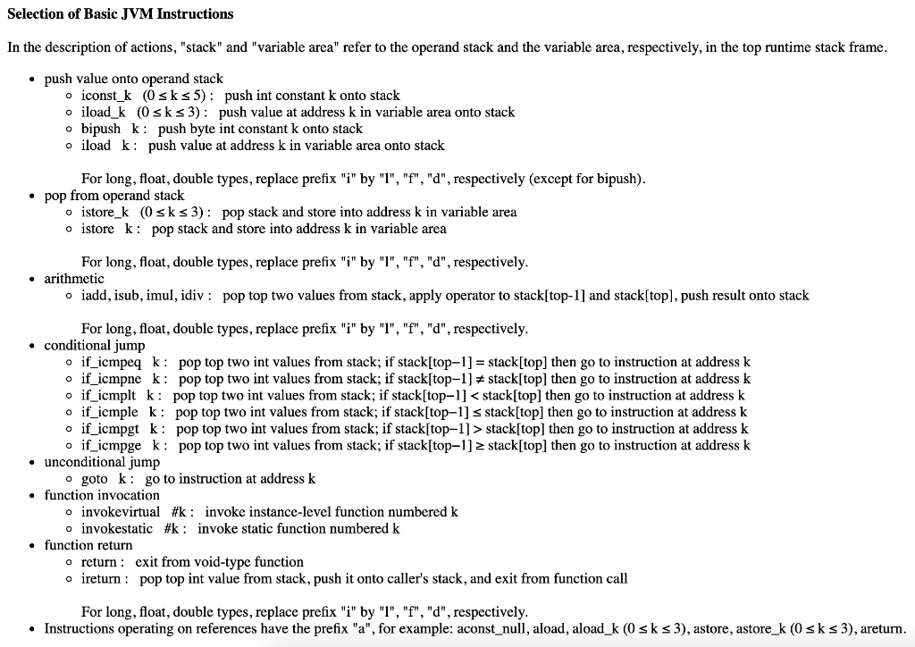 Selection of Basic JVM Instructions In the | Chegg.com