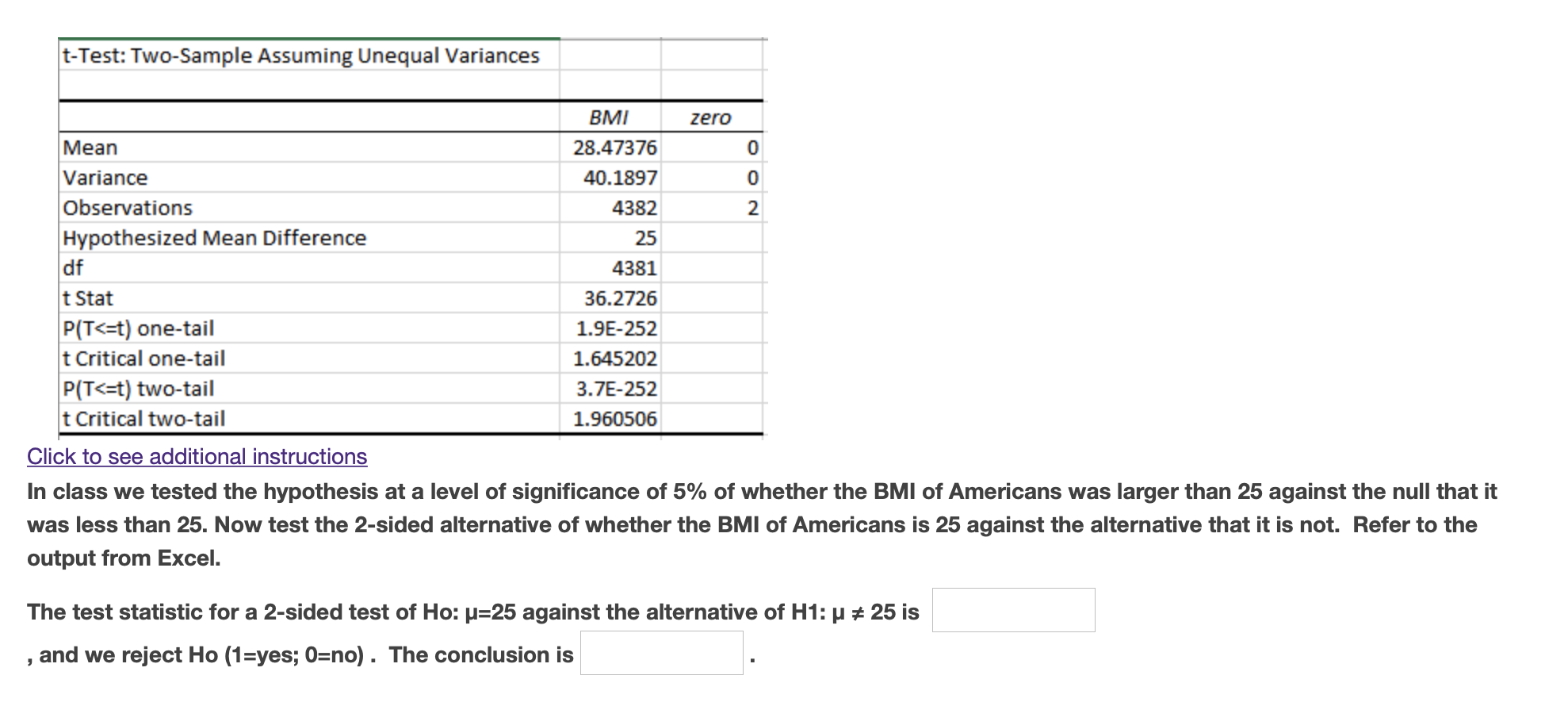 Solved t-Test: Two-Sample Assuming Unequal Variances 25 BMI | Chegg.com
