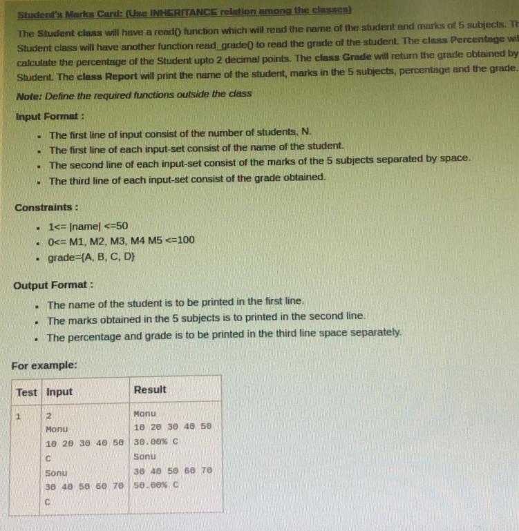 Solved Student's Marks Card: (Use INHERITANCE relation among | Chegg.com