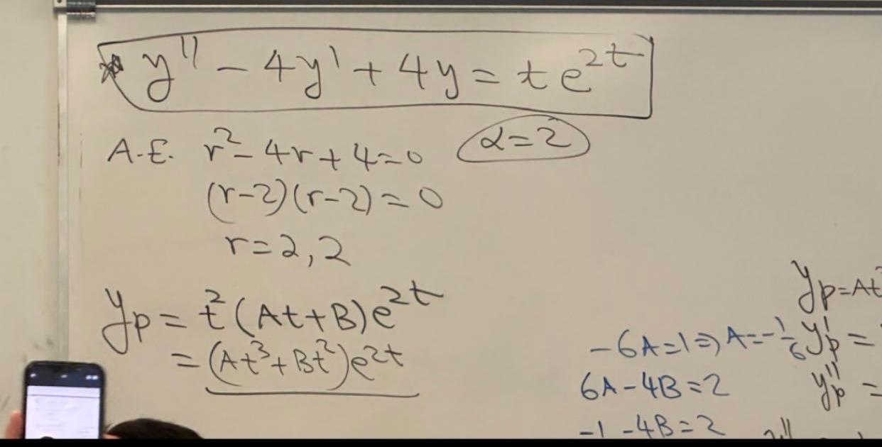 Solved y′′−4y′+4y=te2tA⋅E⋅r2−4r+4=0α=2(r−2)(r−2)=0r=2,2yp=t2 | Chegg.com