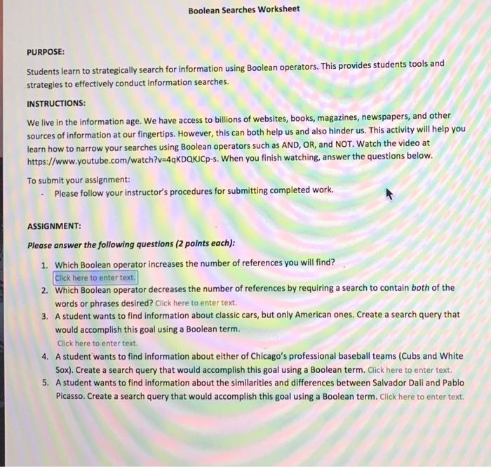 Solved Boolean Searches Worksheet PURPOSE Students learn to | Chegg.com