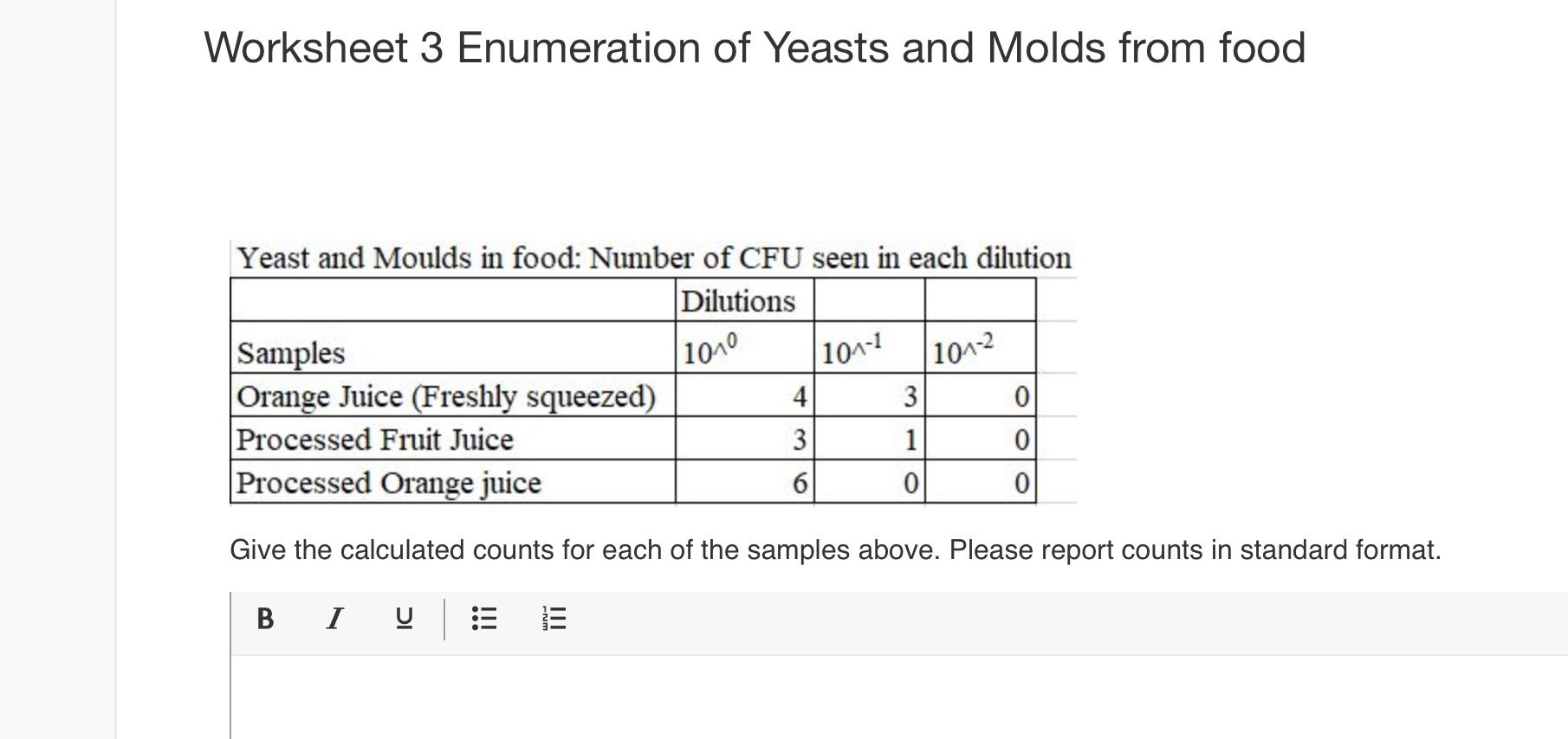 Solved Worksheet 3 Enumeration of Yeasts and Molds from food | Chegg.com