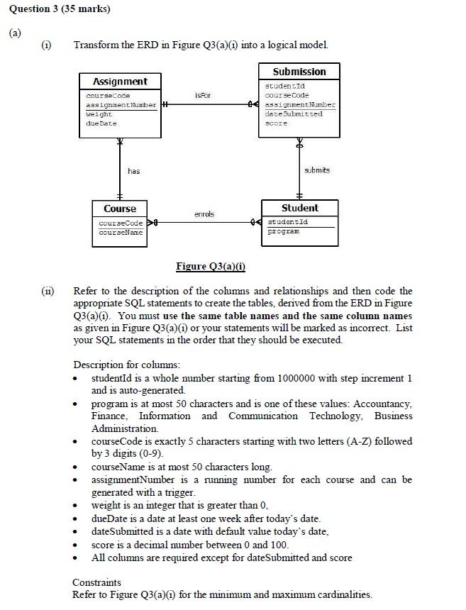 (i) Transform the ERD in Figure Q3(a)(i) into a | Chegg.com
