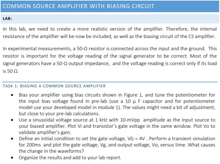 COMMON SOURCE AMPLIFIER WITH BIASING CIRCUIT LAB: In | Chegg.com