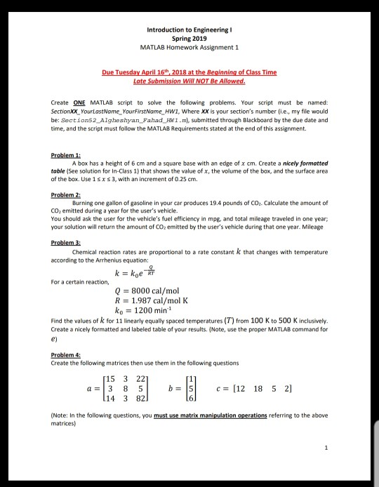 Solved Introduction to Engineering I Spring 2019 MATLAB | Chegg.com