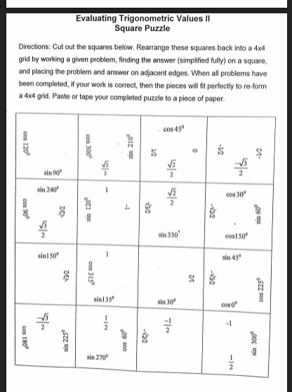 Solved Evaluating Trigonometric Values II Square Puzzle | Chegg.com