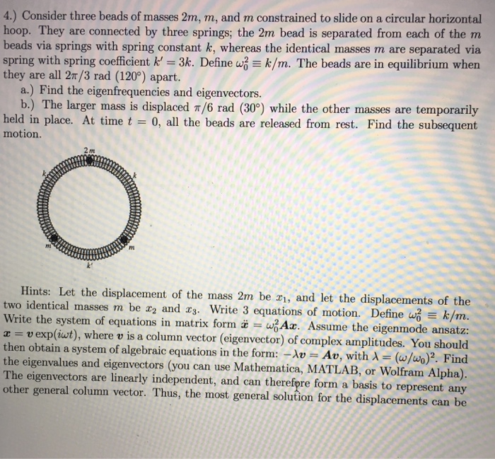 Solved 4.) Consider three beads of masses 2m, m, and m | Chegg.com