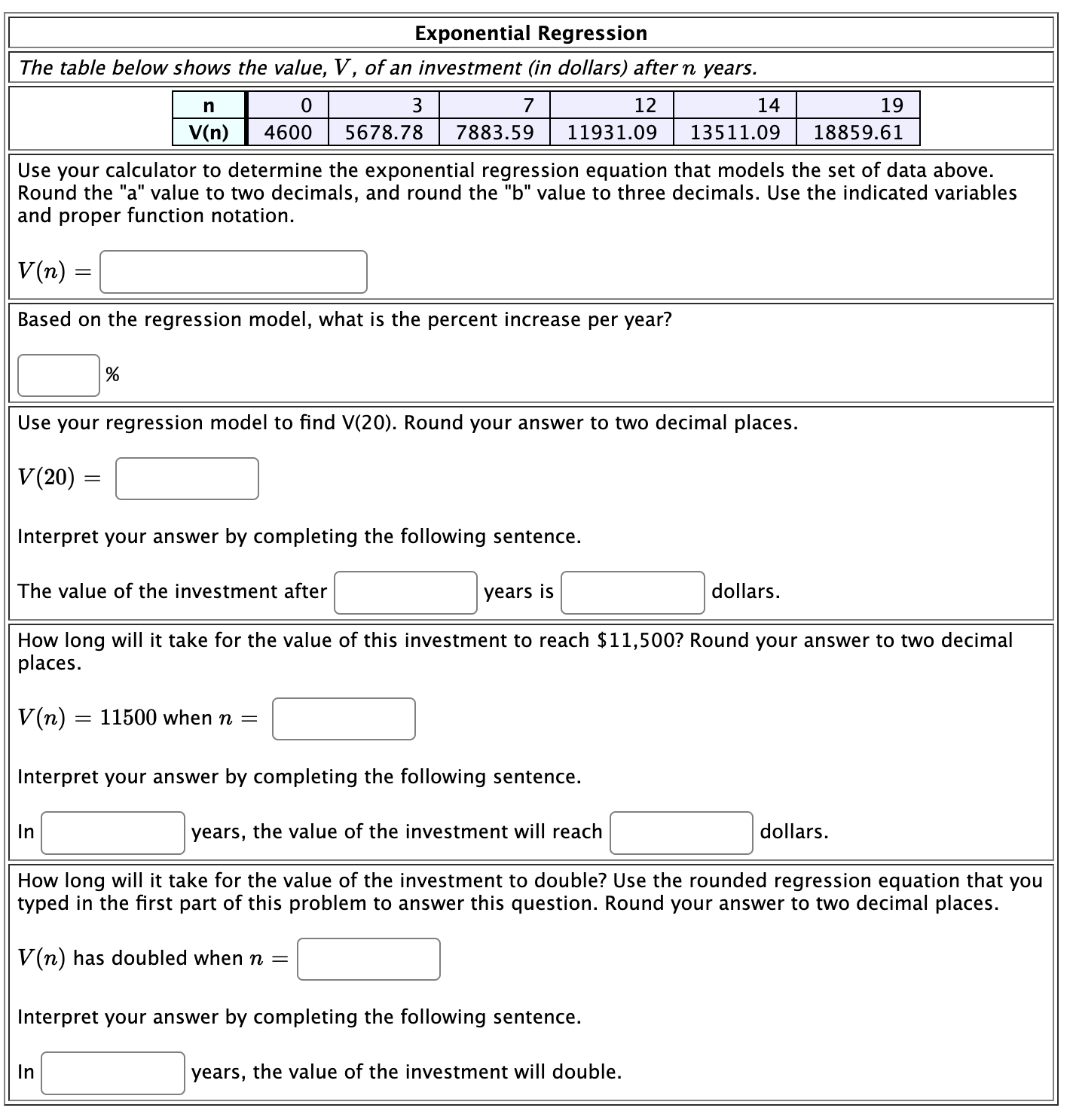 Solved Exponential Regression The table below shows the | Chegg.com