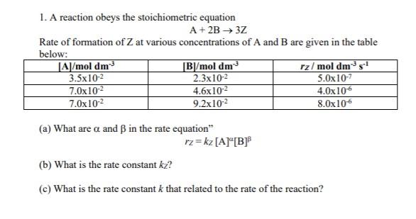 Solved 1. A reaction obeys the stoichiometric equation A + | Chegg.com