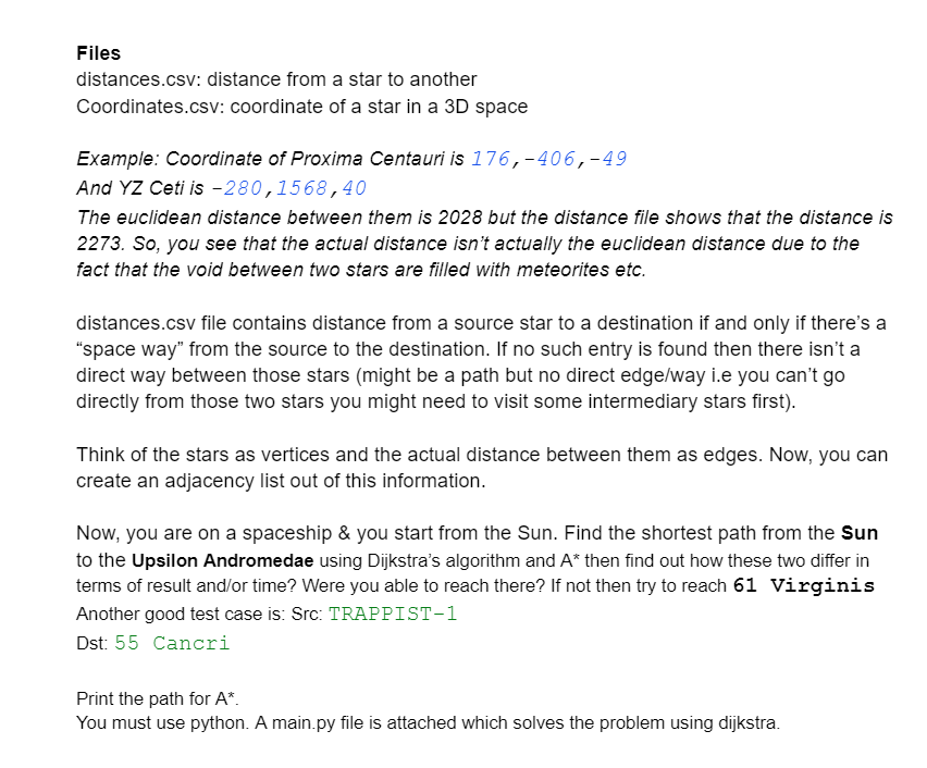 Solved Files distances.csv: distance from a star to another | Chegg.com