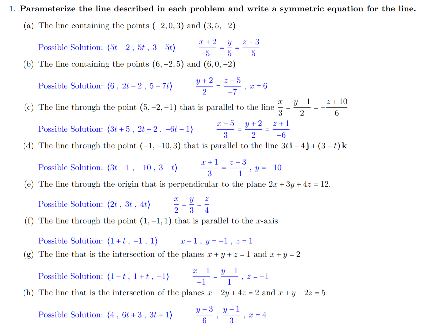 Solved 1. Parameterize the line described in each problem | Chegg.com