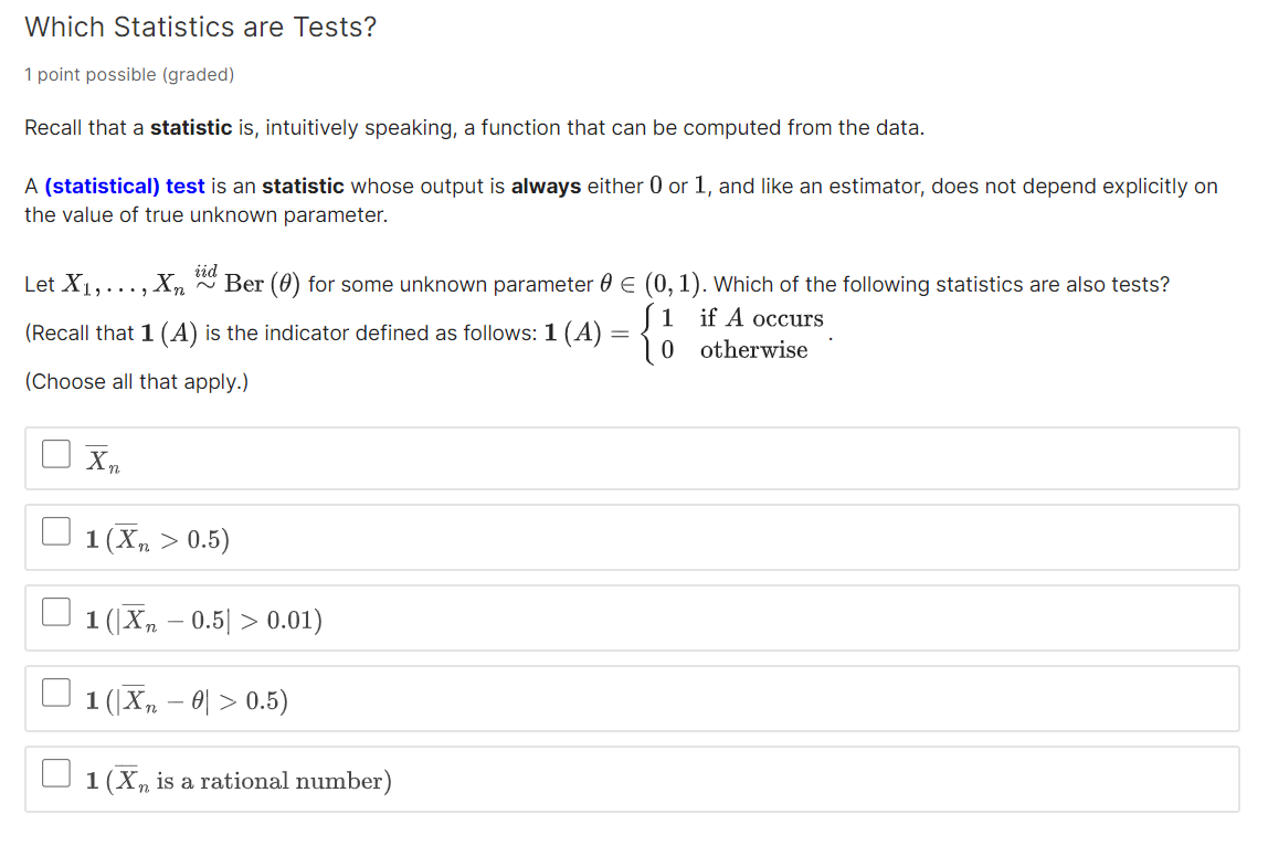 Solved Which Statistics are Tests? 1 point possible (graded) | Chegg.com