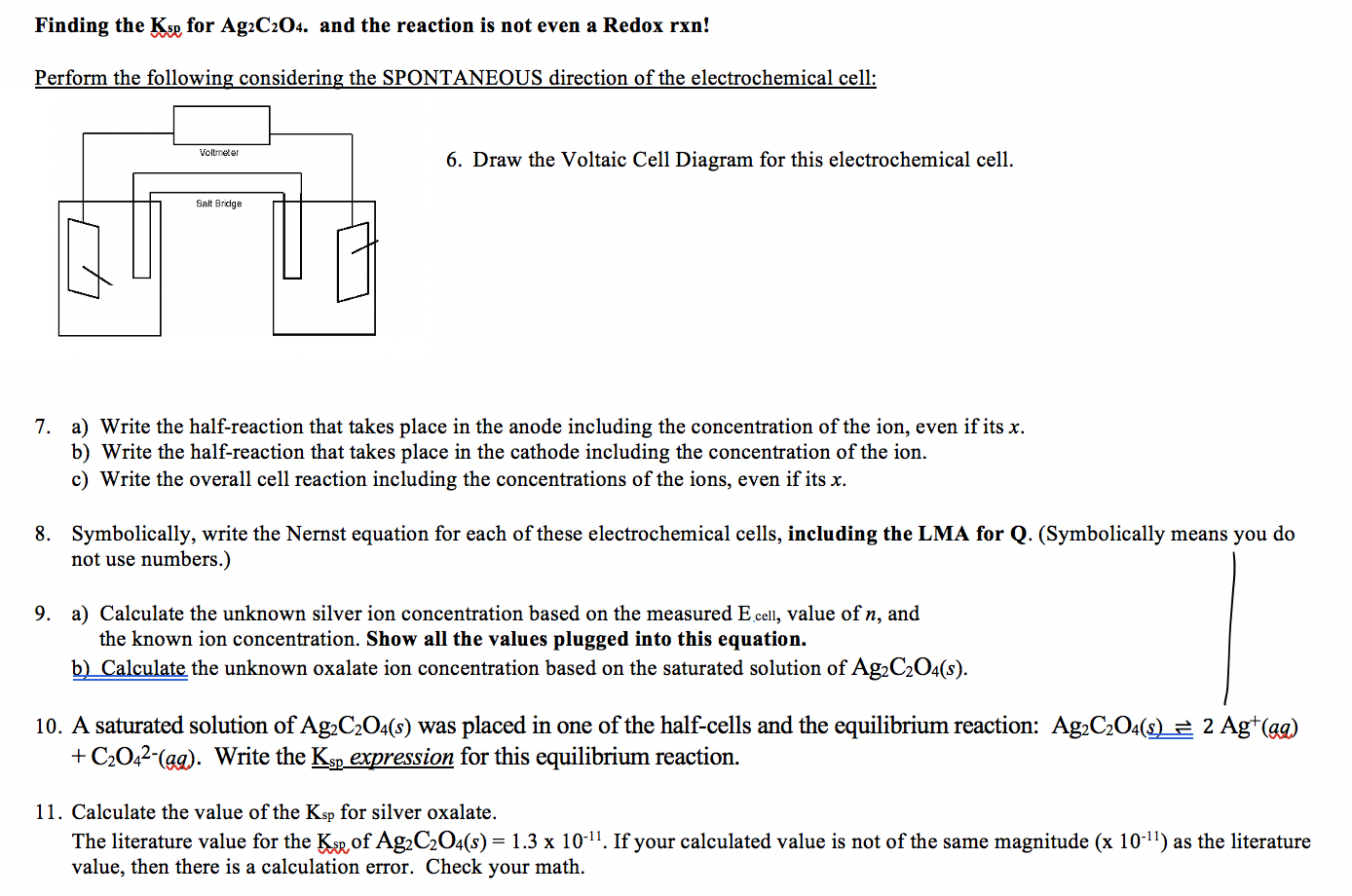 Solved Concentration Cell Cell E. Ag(s)| Ag2C2O4(s)| Ag+(x | Chegg.com