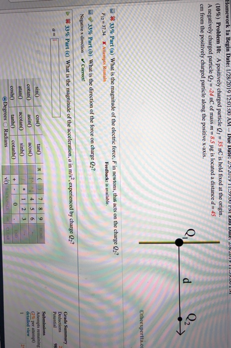 Solved (10%) Problem 10: A positively charged particle Q,-35 | Chegg.com