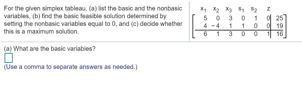 Solved For the given simplex tableau, (a) list the basic and | Chegg.com