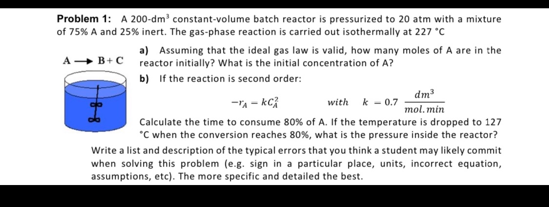 Solved Problem 1: A 200-dm² constant-volume batch reactor is | Chegg.com