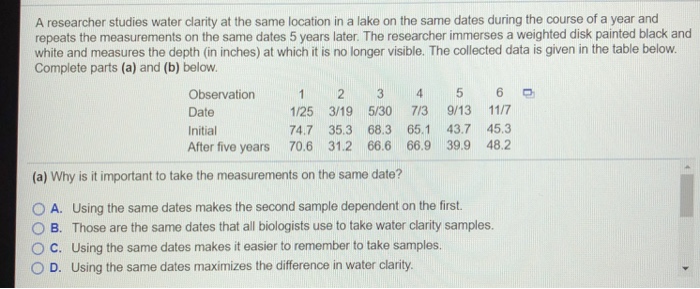 Solved A researcher studies water clarity at the same | Chegg.com Solved A researcher studies water clarity at the same | Chegg.com