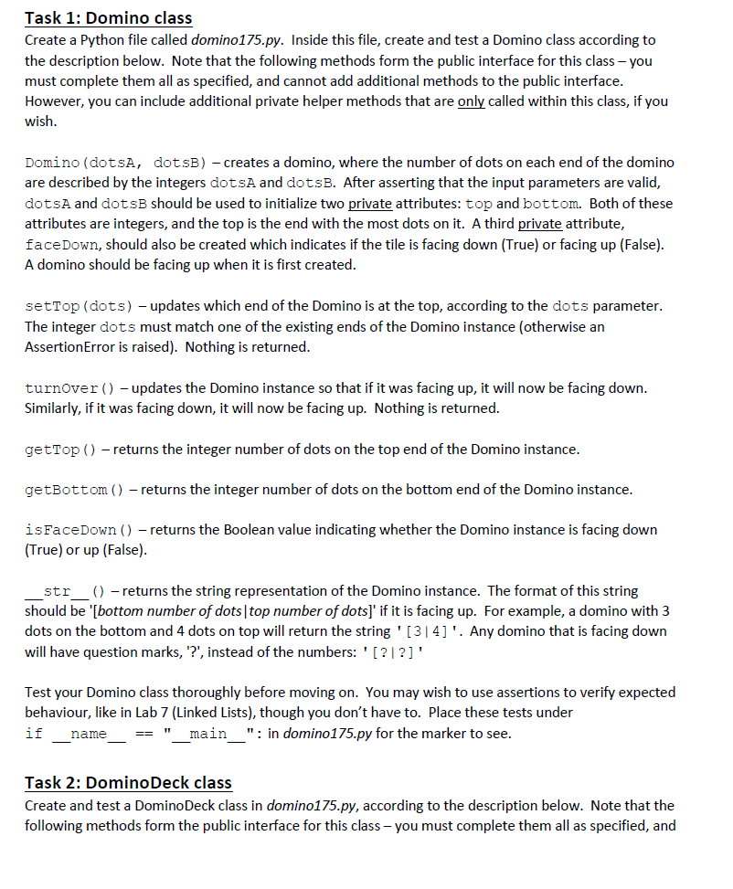 Solved Task 1: Domino class Create a Python file called | Chegg.com