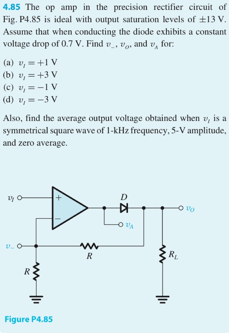 Solved 4.85 The op amp in the precision rectifier circuit of | Chegg.com