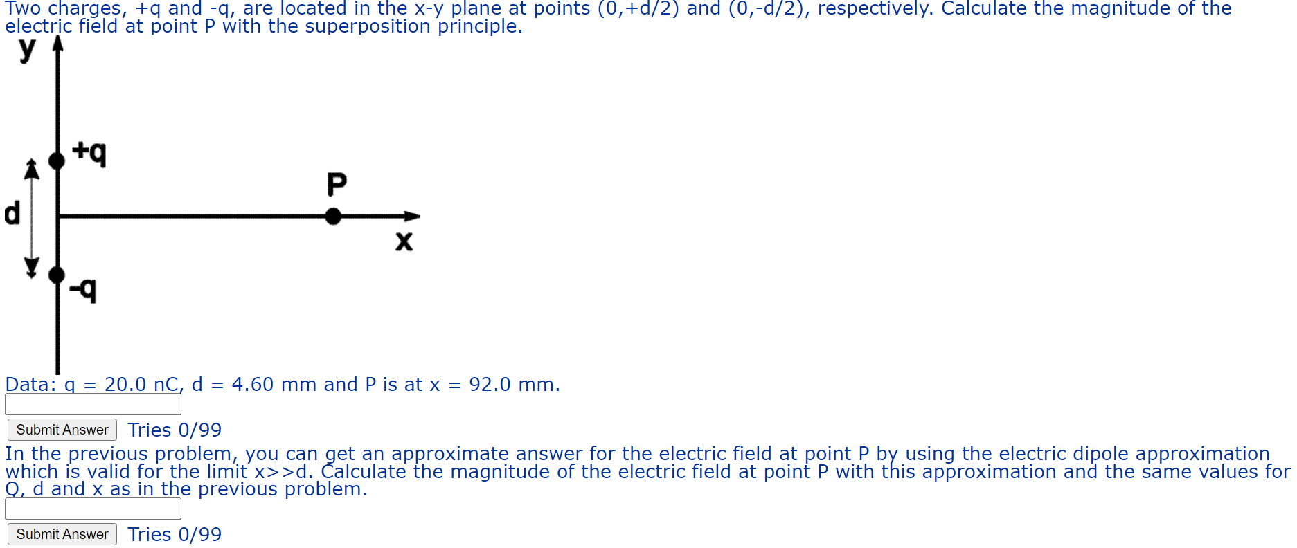 Solved Two charges, +q ﻿and -q, ﻿are located in the x-y | Chegg.com