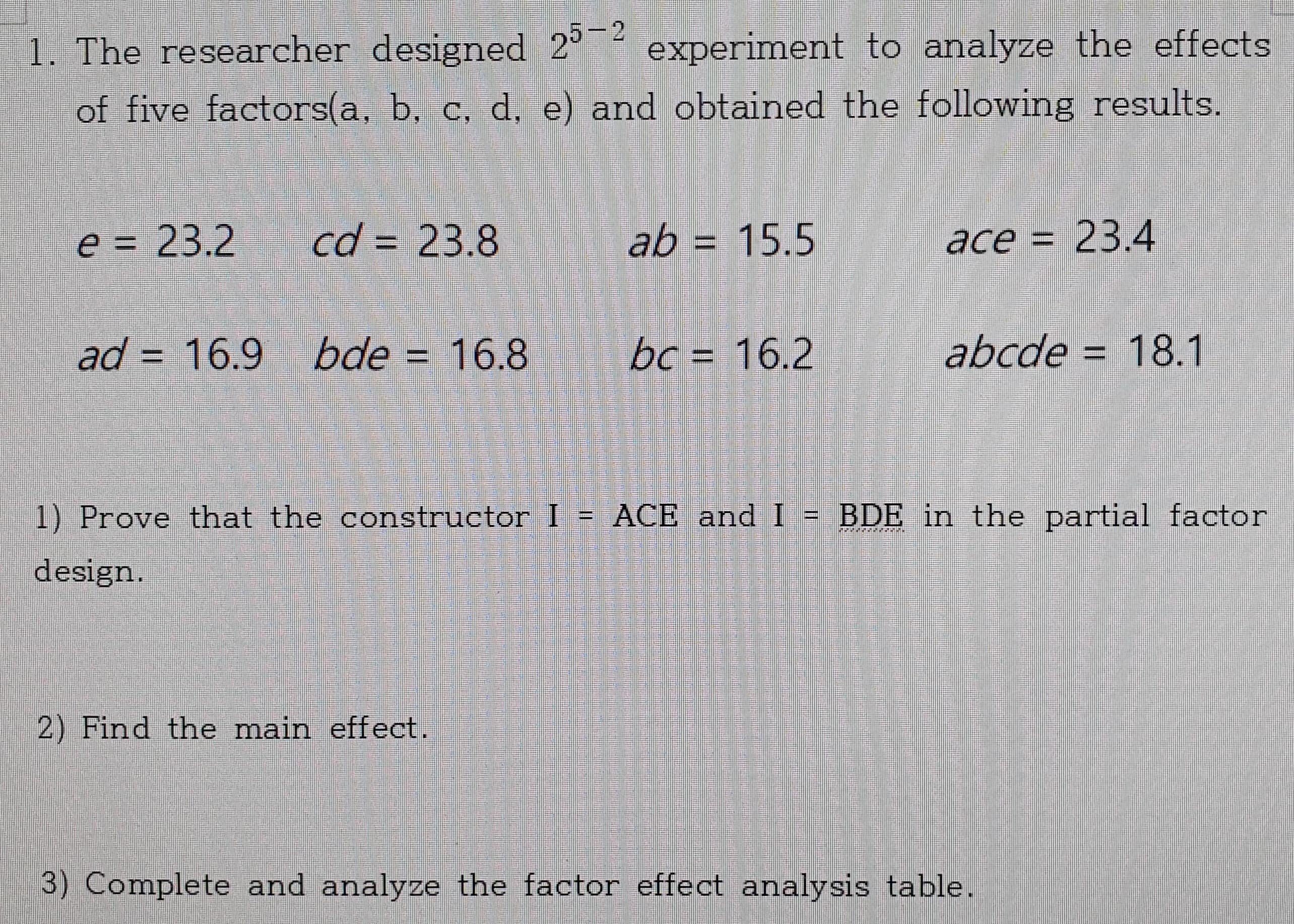 Solved 1. The researcher designed 25−2 experiment to analyze | Chegg.com