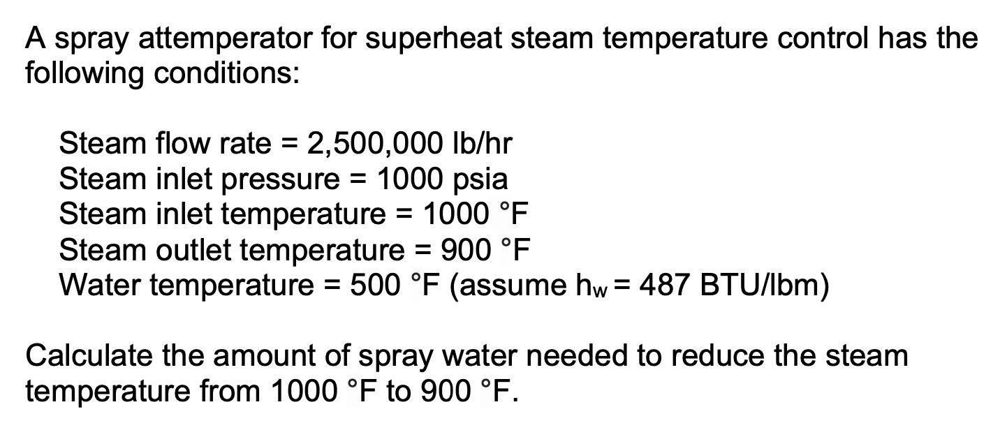 Solved A spray attemperator for superheat steam temperature | Chegg.com