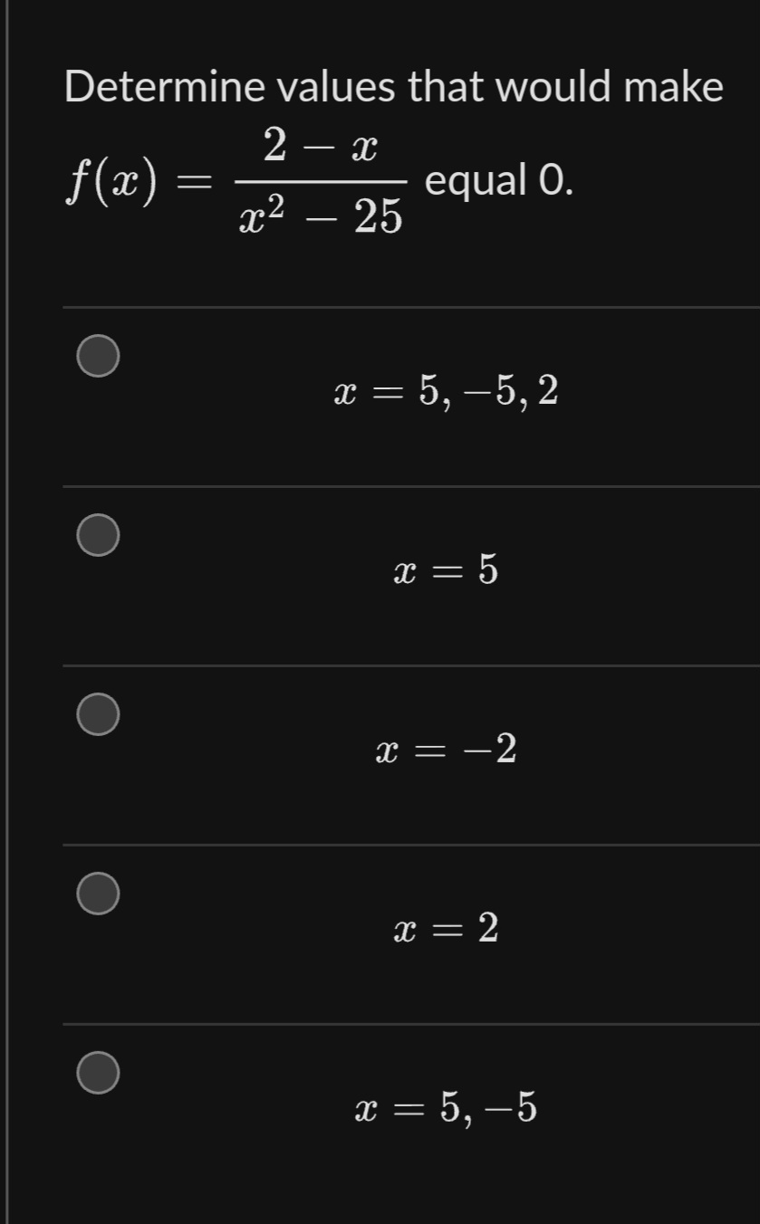 Solved Determine values that would make f(x)=x2−165−x be | Chegg.com