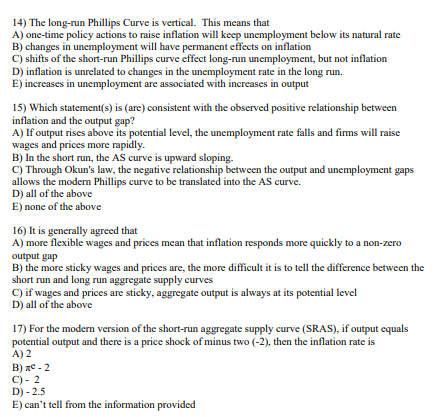 Solved 14) The long-run Phillips Curve is vertical. This | Chegg.com