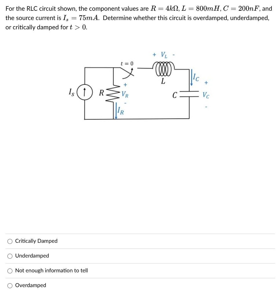 Solved For the RLC circuit shown, the component values are | Chegg.com