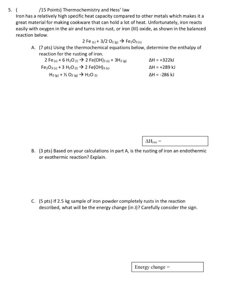 Solved 5. ( /15 Points) Thermochemistry and Hess' law Iron | Chegg.com