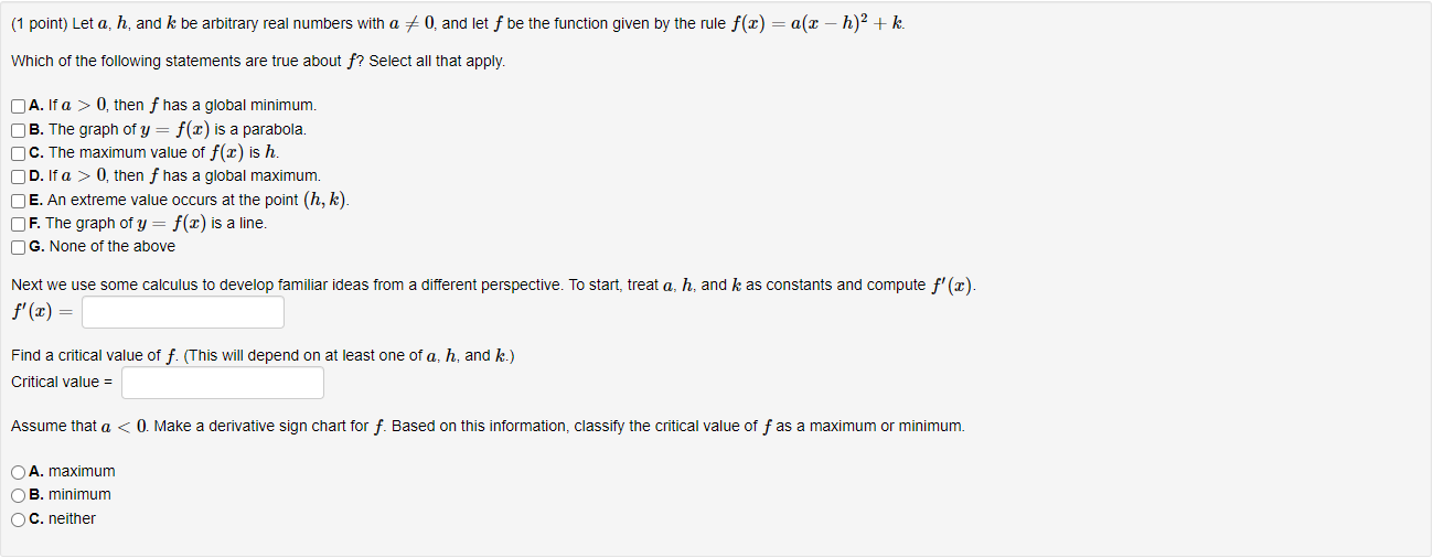 Solved (1 point) Let a,h, and k be arbitrary real numbers | Chegg.com