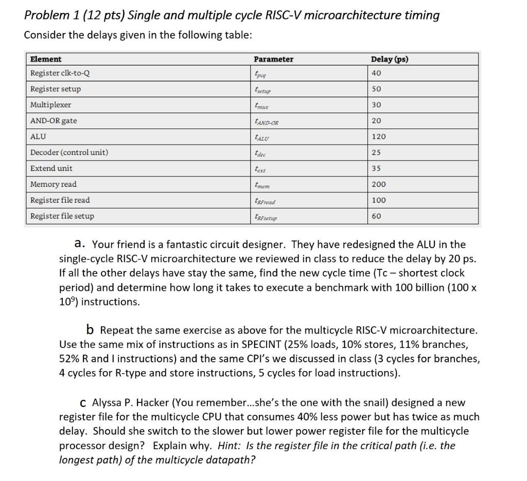 Problem 1 (12 pts) Single and multiple cycle RISC-V | Chegg.com
