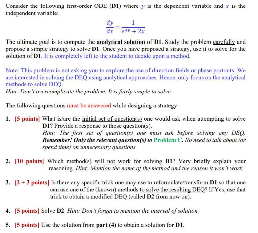 Consider the following first-order ODE (D1) where y | Chegg.com