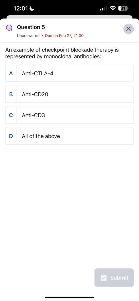 Solved An example of checkpoint blockade therapy is | Chegg.com