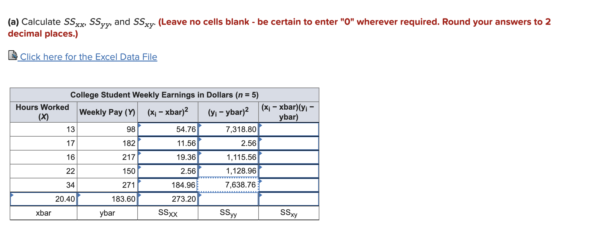 Solved (a) Calculate SSxx,SSyy, and SSxy. (Leave no cells | Chegg.com