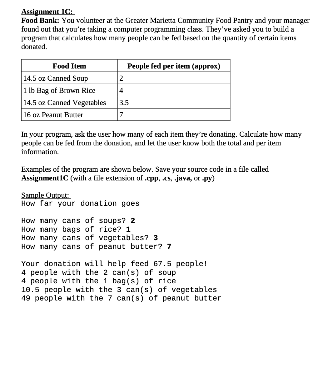 Solved Assignment 1C:Food Bank: You volunteer at the Greater | Chegg.com