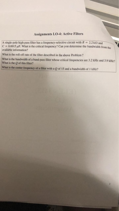 Solved Assignments LO-4: Active Filters A single-pole | Chegg.com