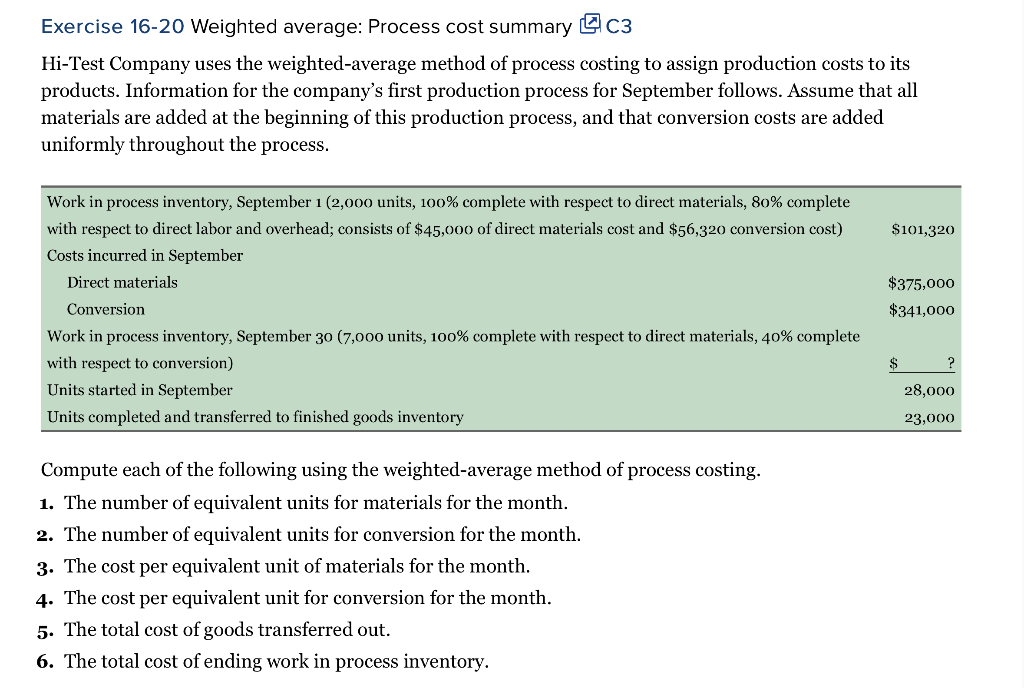 Solved Exercise 16-20 Weighted average: Process cost summary | Chegg.com