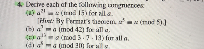 Solved 4. Derive each of the following congruences: (a) a21 | Chegg.com