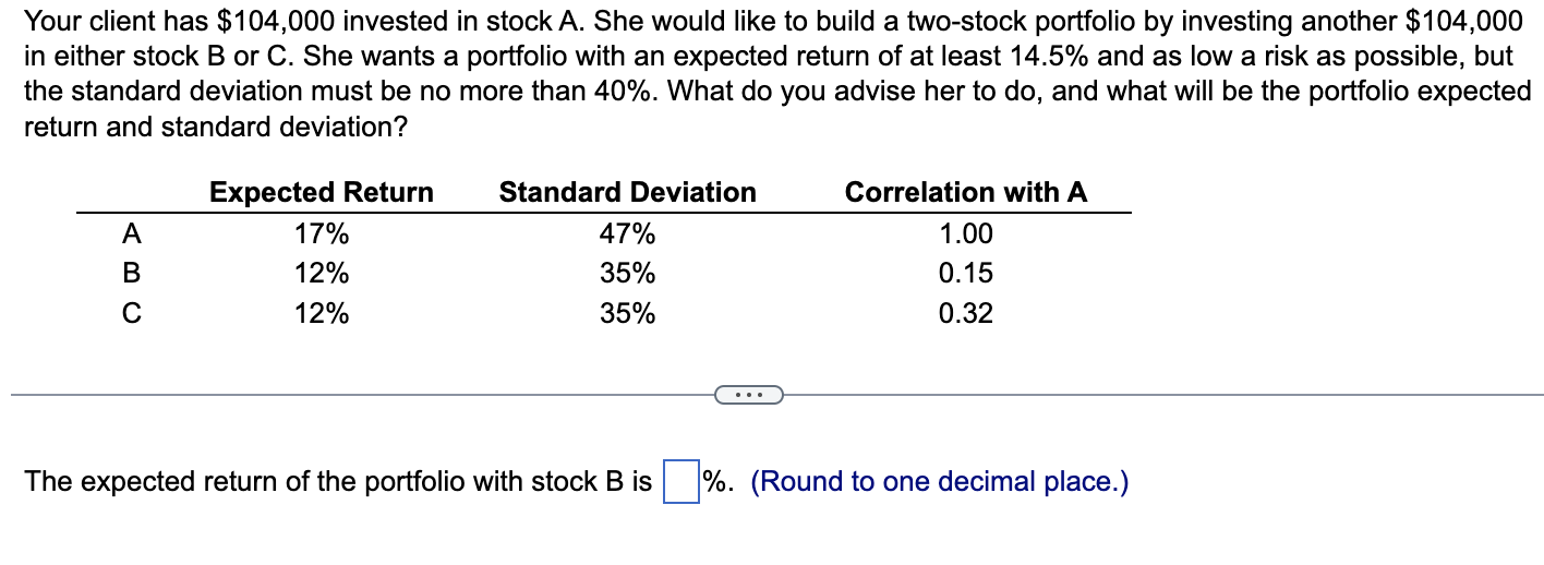 Solved Your client has $104,000 invested in stock A. She | Chegg.com