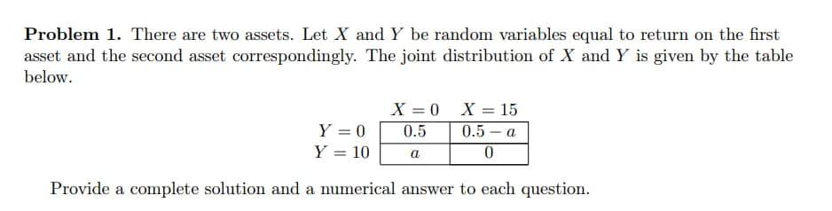 Solved Problem 1. There are two assets. Let X and Y be | Chegg.com