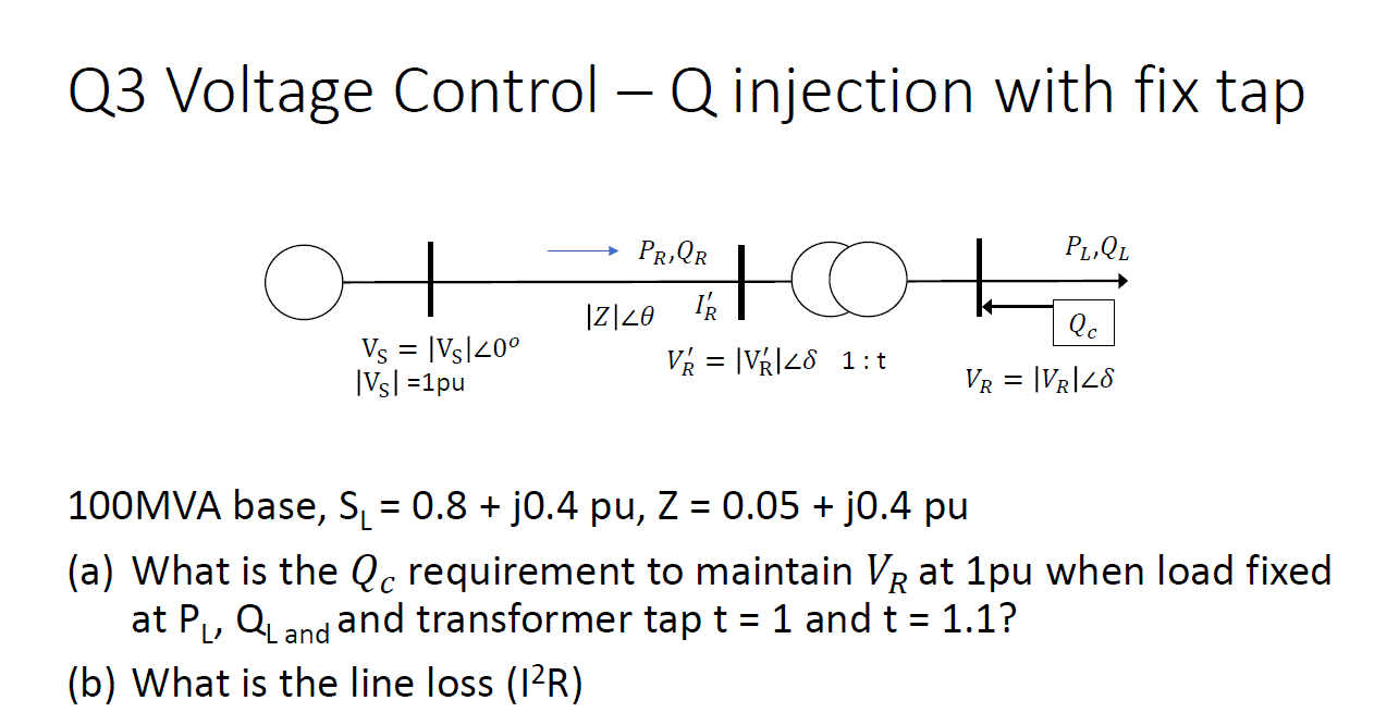 Solved Q3 Voltage Control - Q injection with fix tap PL,QL | Chegg.com