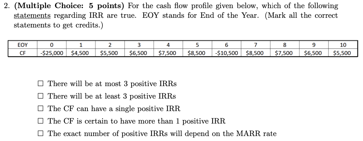 Solved 2. (Multiple Choice: 5 points) For the cash flow | Chegg.com