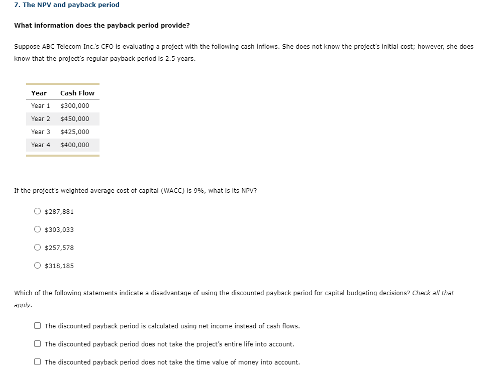 Solved 7. The NPV and payback period What information does | Chegg.com