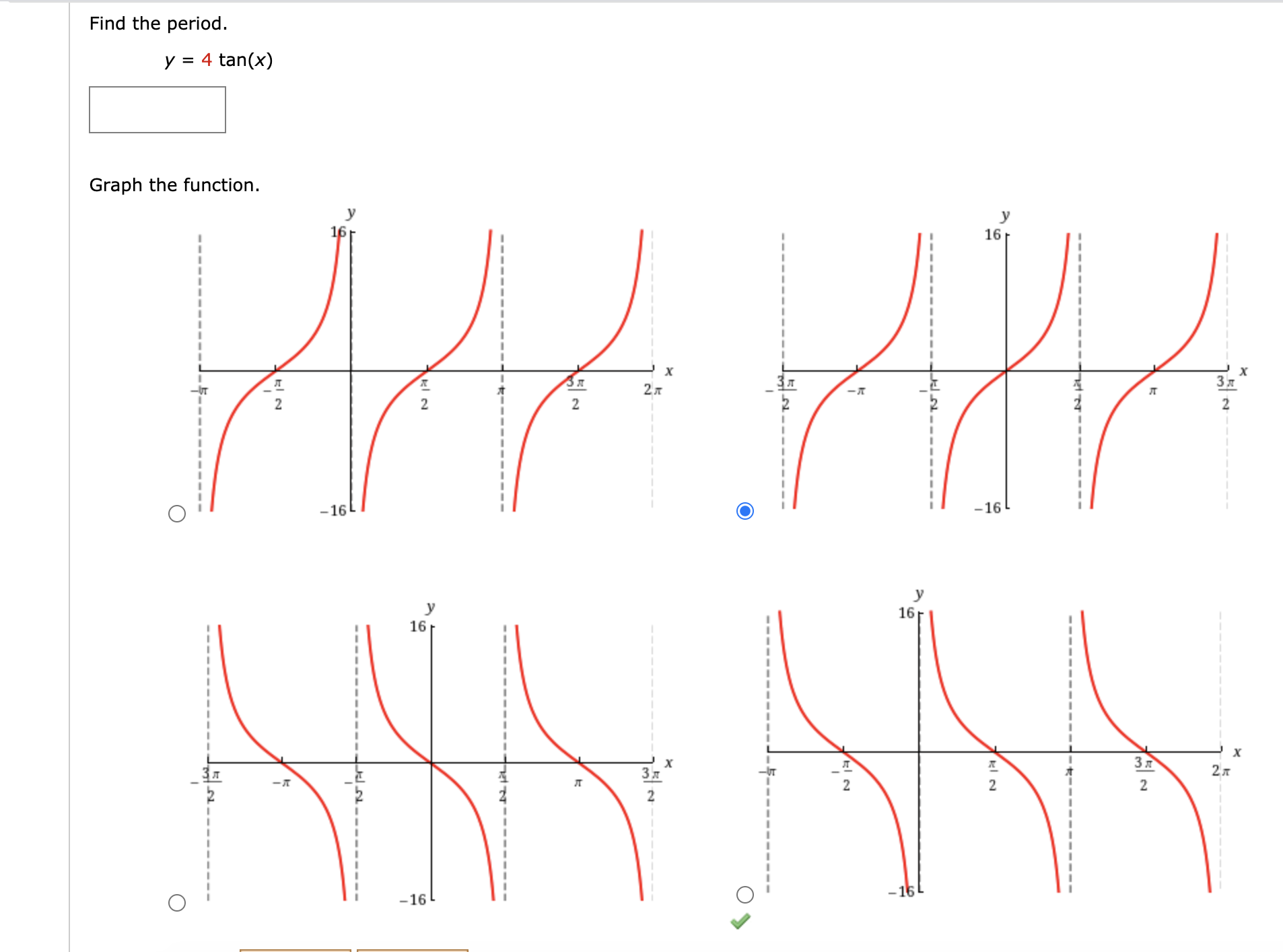 Solved Find the period. y = 4 tan(x) Graph the function. y | Chegg.com